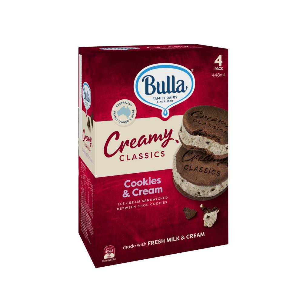 Buy Bulla Creamy Classics Cookies & Cream Sandwiches 448ml 4 Pack | Coles