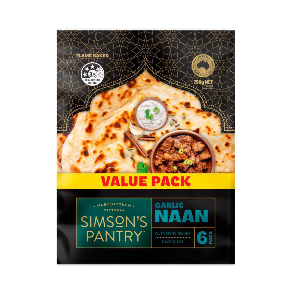 Buy Simson's Pantry Garlic Naan Value 6 Pack 750g | Coles