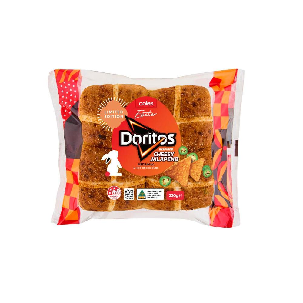 Buy Coles Easter Doritos Inspired Cheesy Jalapeno Hot Cross Buns 4 Pack ...