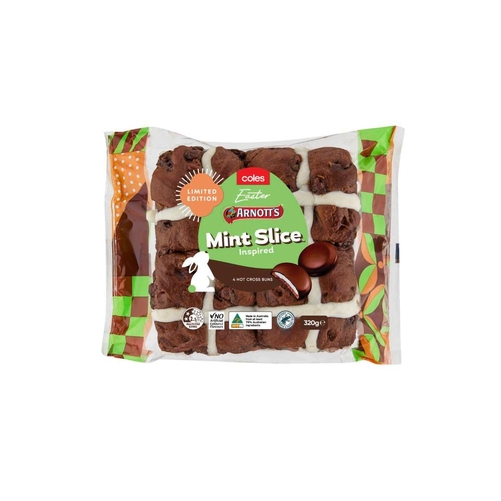 Buy Coles Easter Arnott's Mint Slice Inspired Hot Cross Buns 4 Pack ...