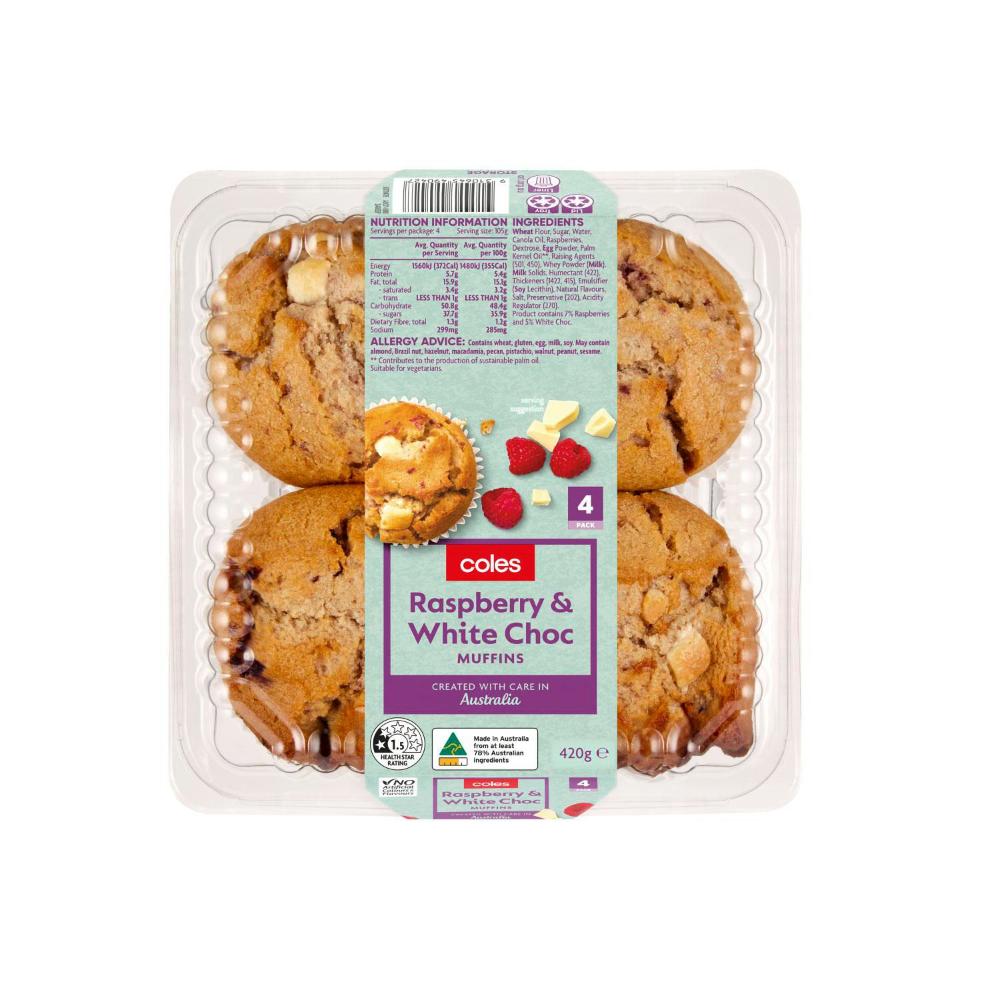 Buy Coles Raspberry And White Choc Muffin 4 Pack 420g | Coles