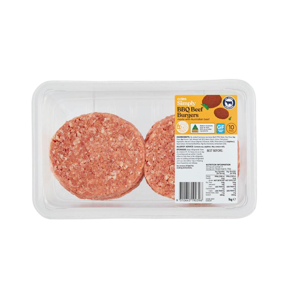 Buy Coles Simply Beef BBQ Burgers 10 pack 1kg | Coles