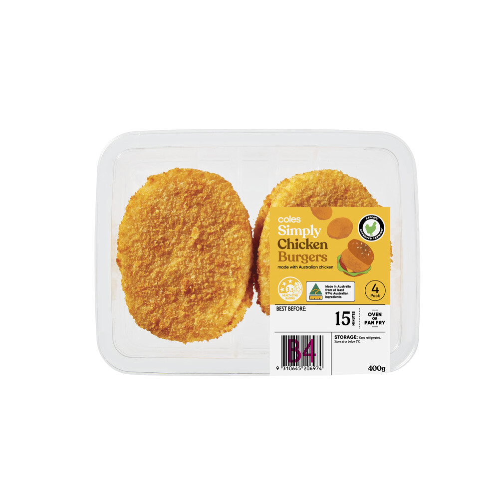 Buy Coles Simply RSPCA Approved Chicken Burgers Plain Crumb 400g | Coles