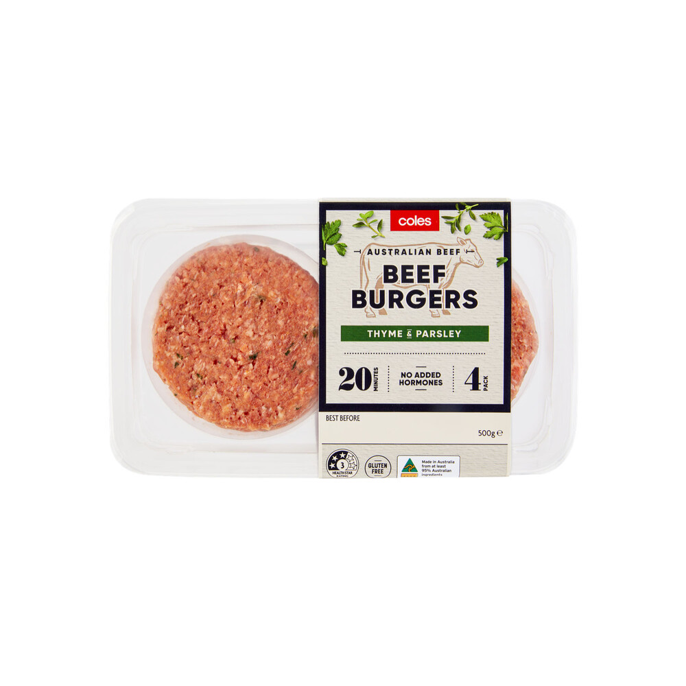 Buy Coles Beef And Thyme Burger 500g | Coles