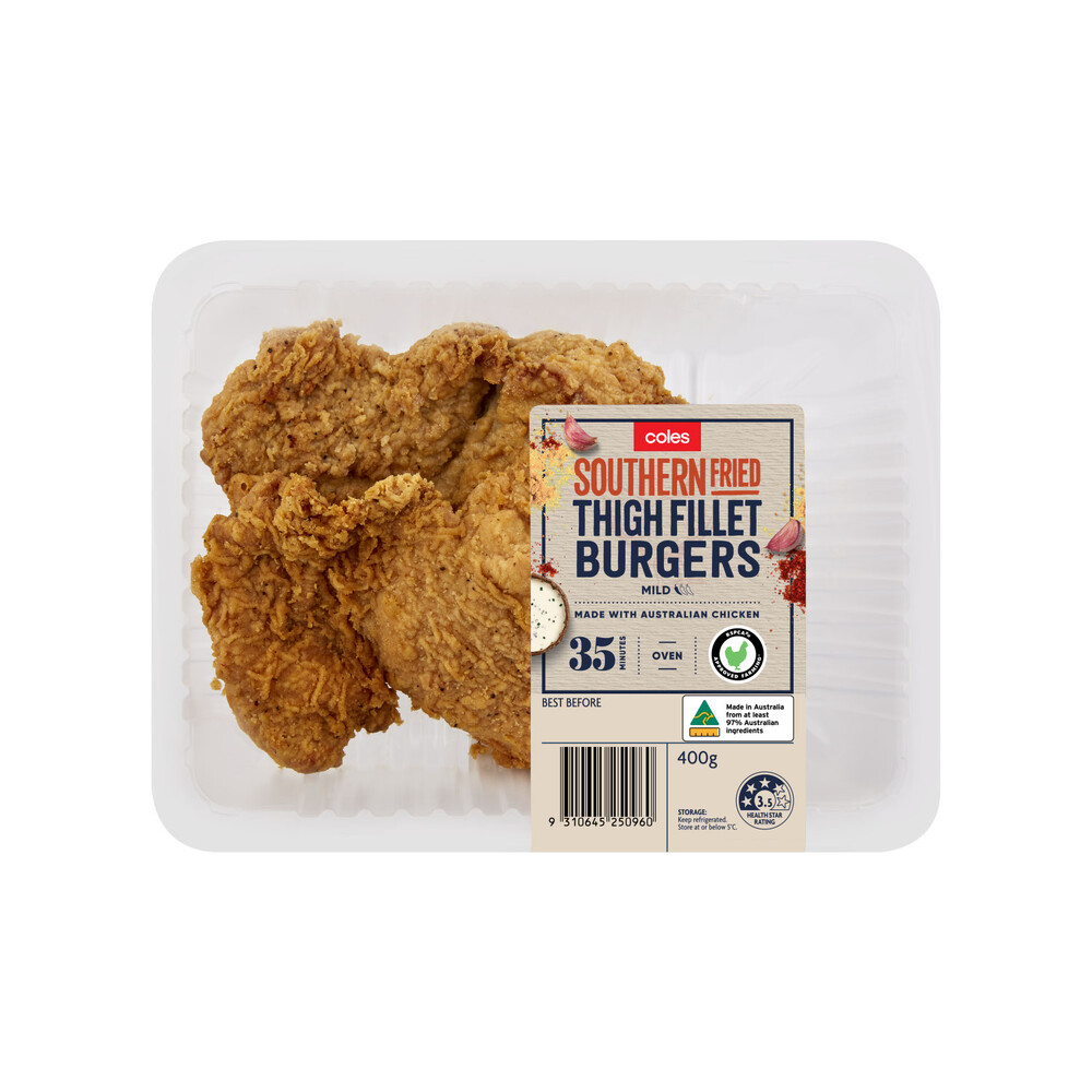 Buy Coles RSPCA Approved Chicken Southern Fried Thigh Burger 400g | Coles