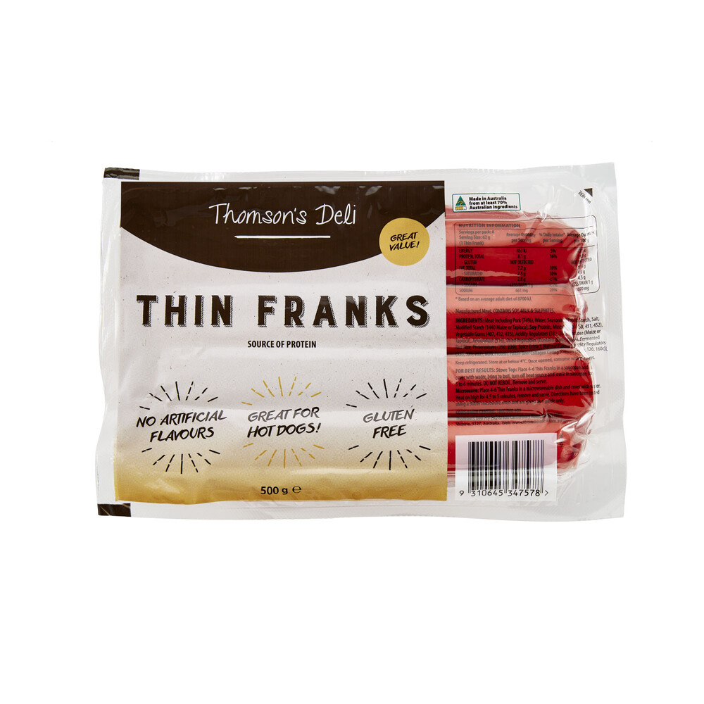 Buy Thomson's Deli Thin Franks 500g | Coles