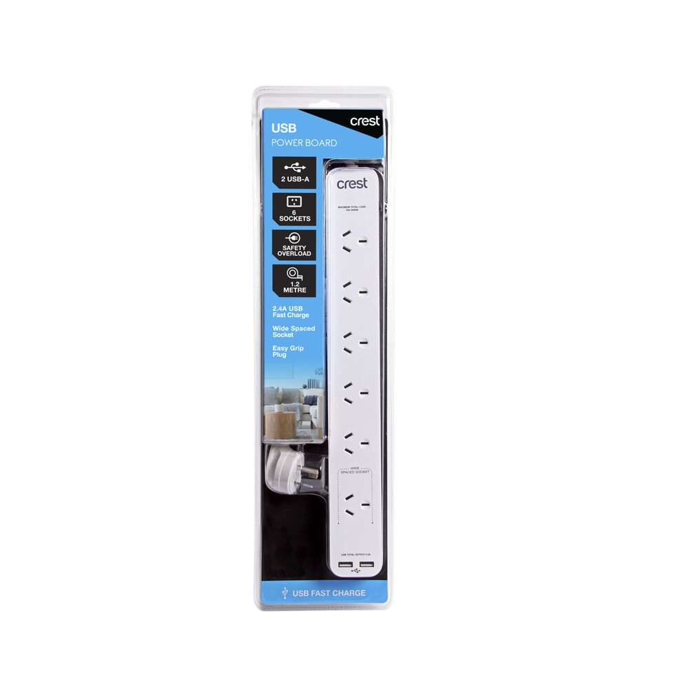 Buy Crest Power Board 6 Socket 2 USB 1 pack | Coles