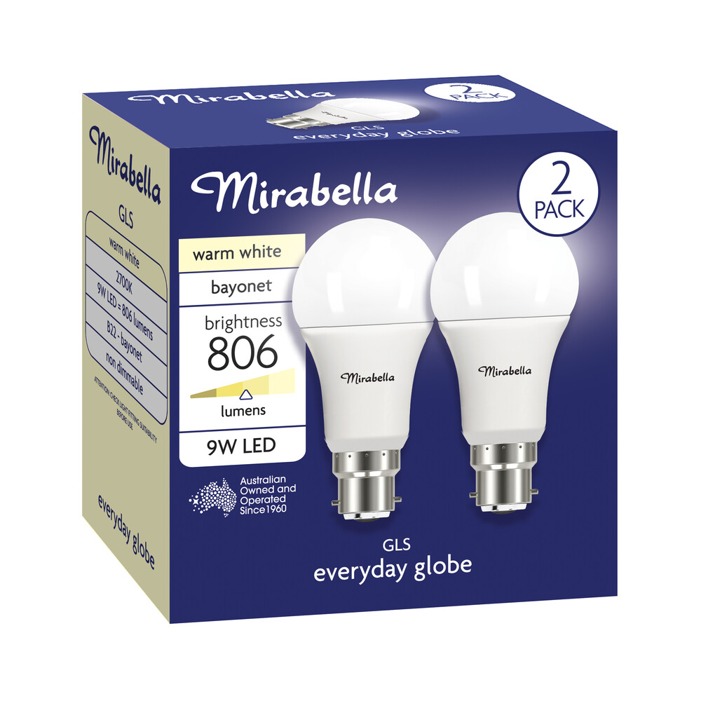 Buy Mirabella Led Gls BC 9w 806lum 2700k Warm White 2 pack | Coles