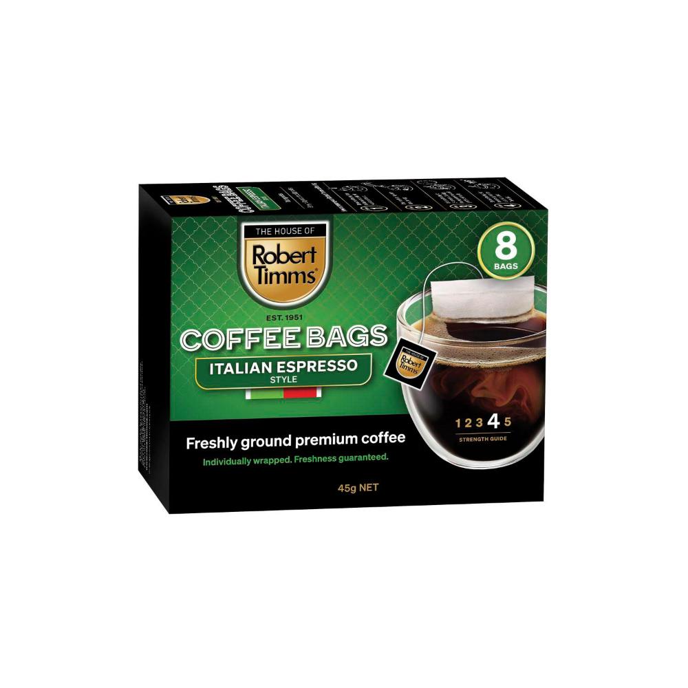 Buy Robert Timms Italian Espresso Style Coffee Bags 8 Pack 45g | Coles