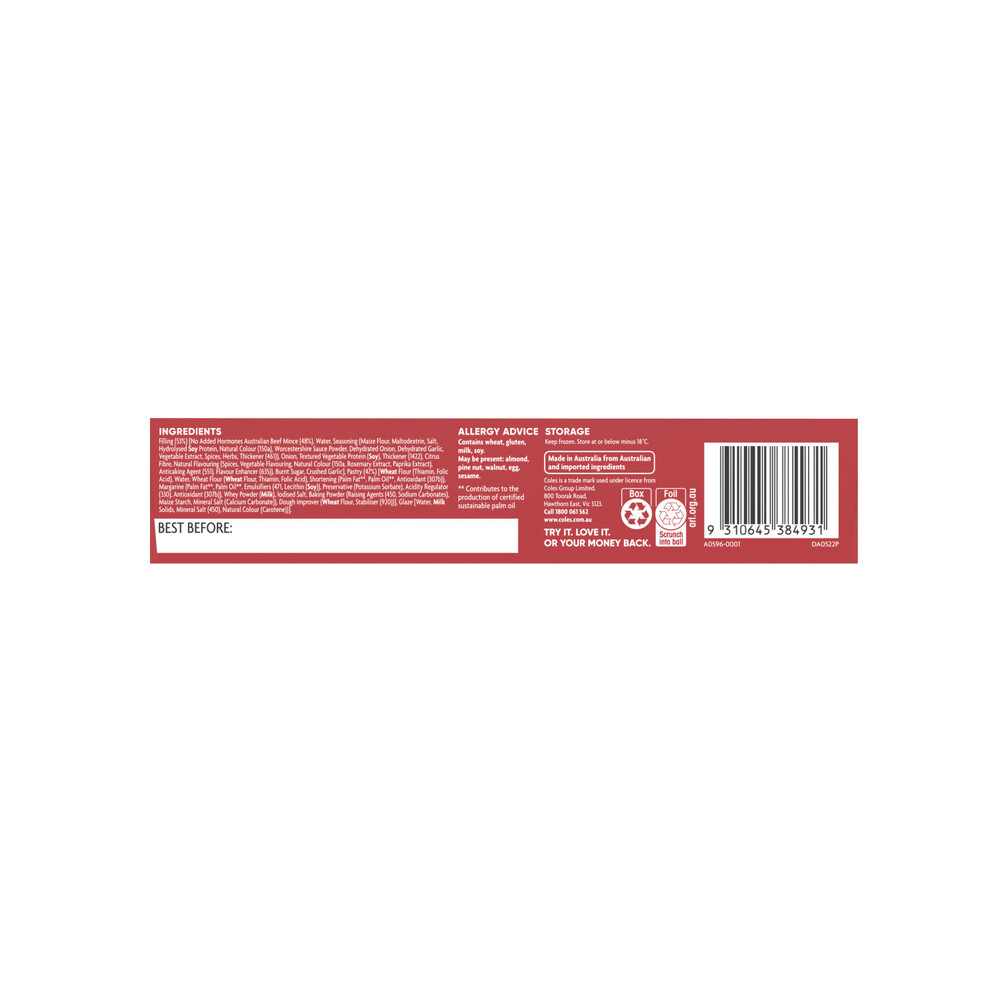 Buy Coles Frozen Family Beef Pie 600g | Coles