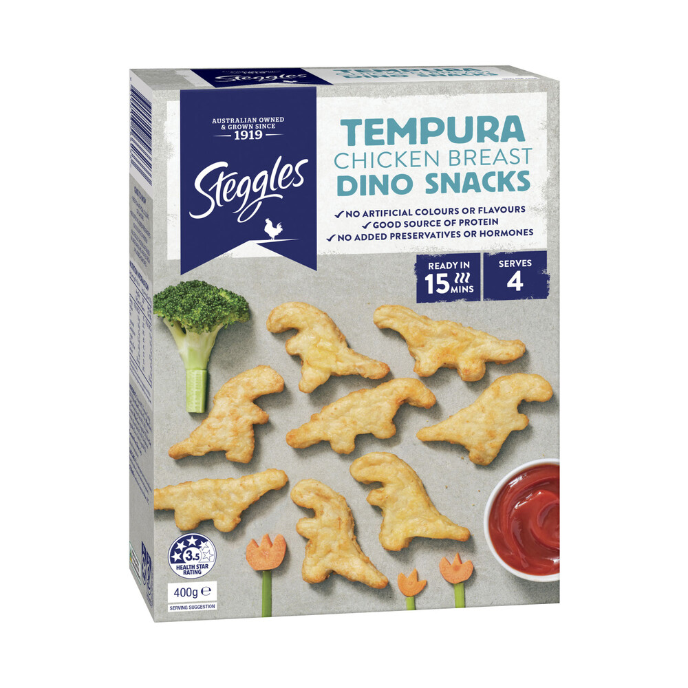 Buy Steggles Frozen Tempura Chicken Breast Dino Snacks 400g | Coles