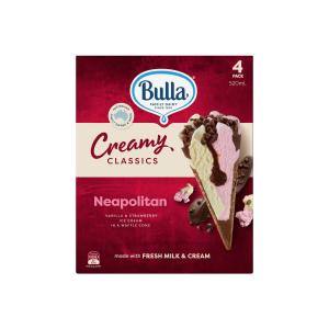 Buy Bulla Creamy Classics Neapolitan Cone 4 Pack 520mL | Coles