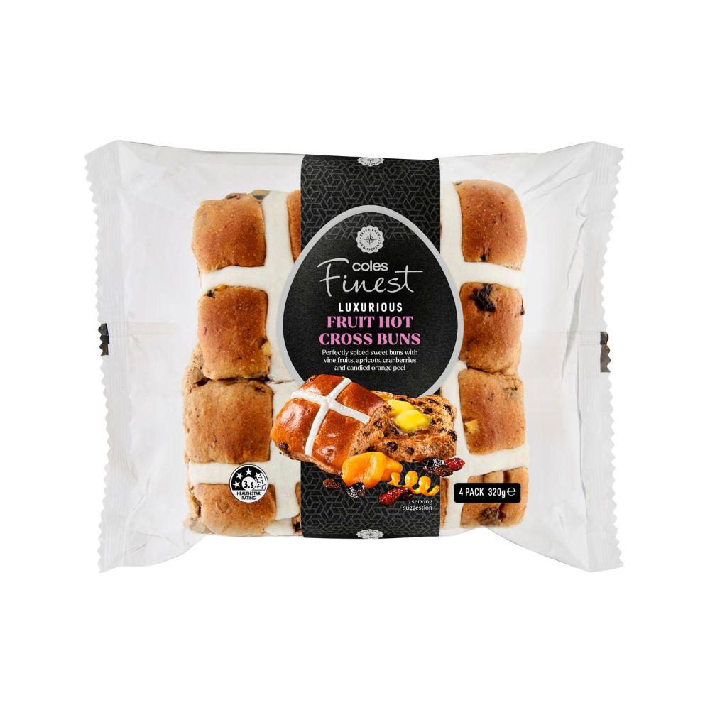Buy Coles Finest Luxurious Fruit Hot Cross Buns 4 Pack | Coles