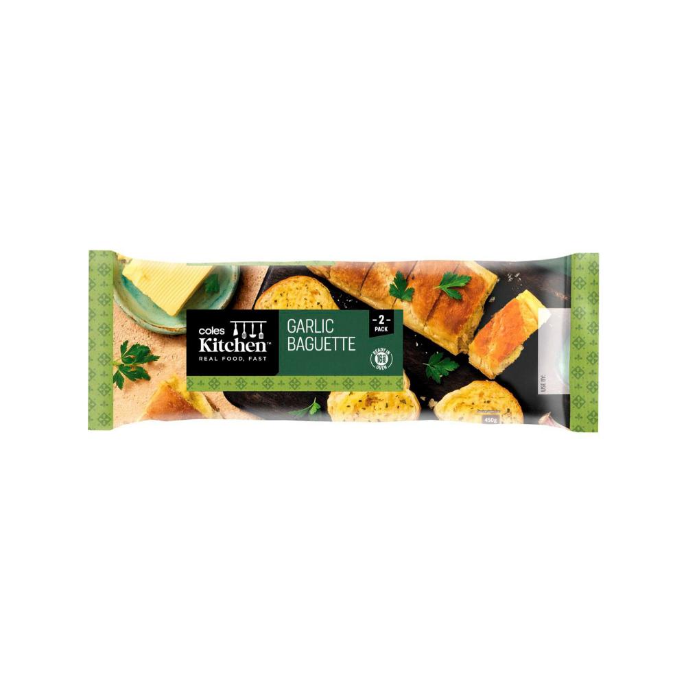 Buy Coles Kitchen Garlic Baguette Twin Pack 450g | Coles