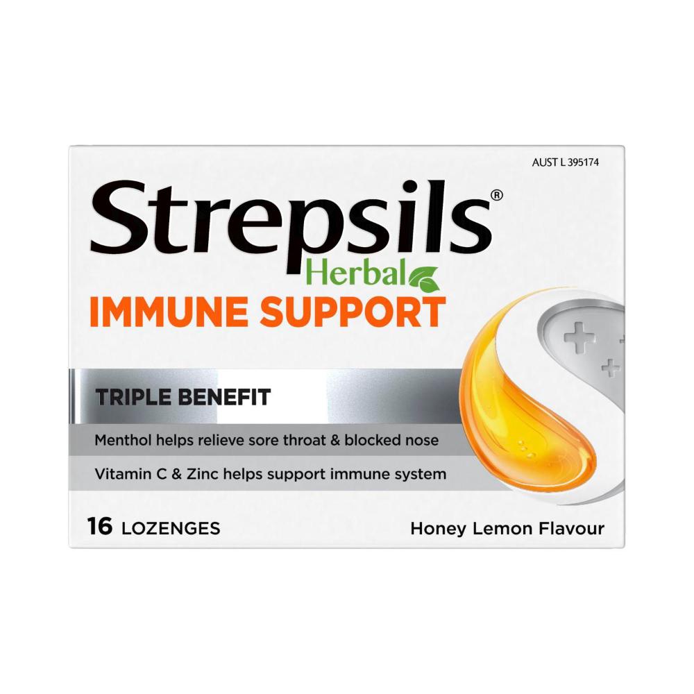 Buy Strepsil Herbal Immune Sore Throat Honey Lemon 16 pack | Coles