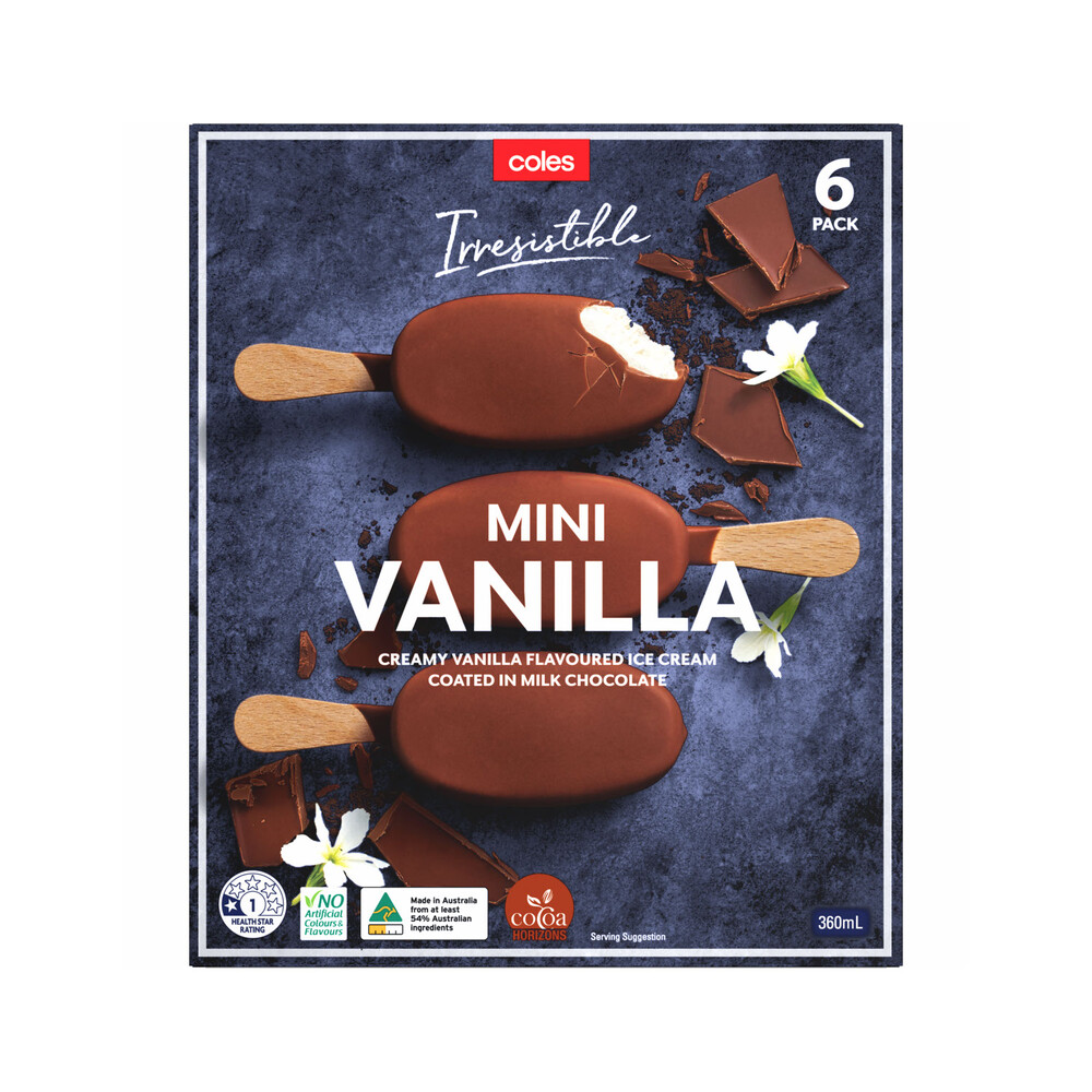 Buy Coles Irresistible Ice Cream Mini Classic Vanilla 6 Pack 360mL | Coles