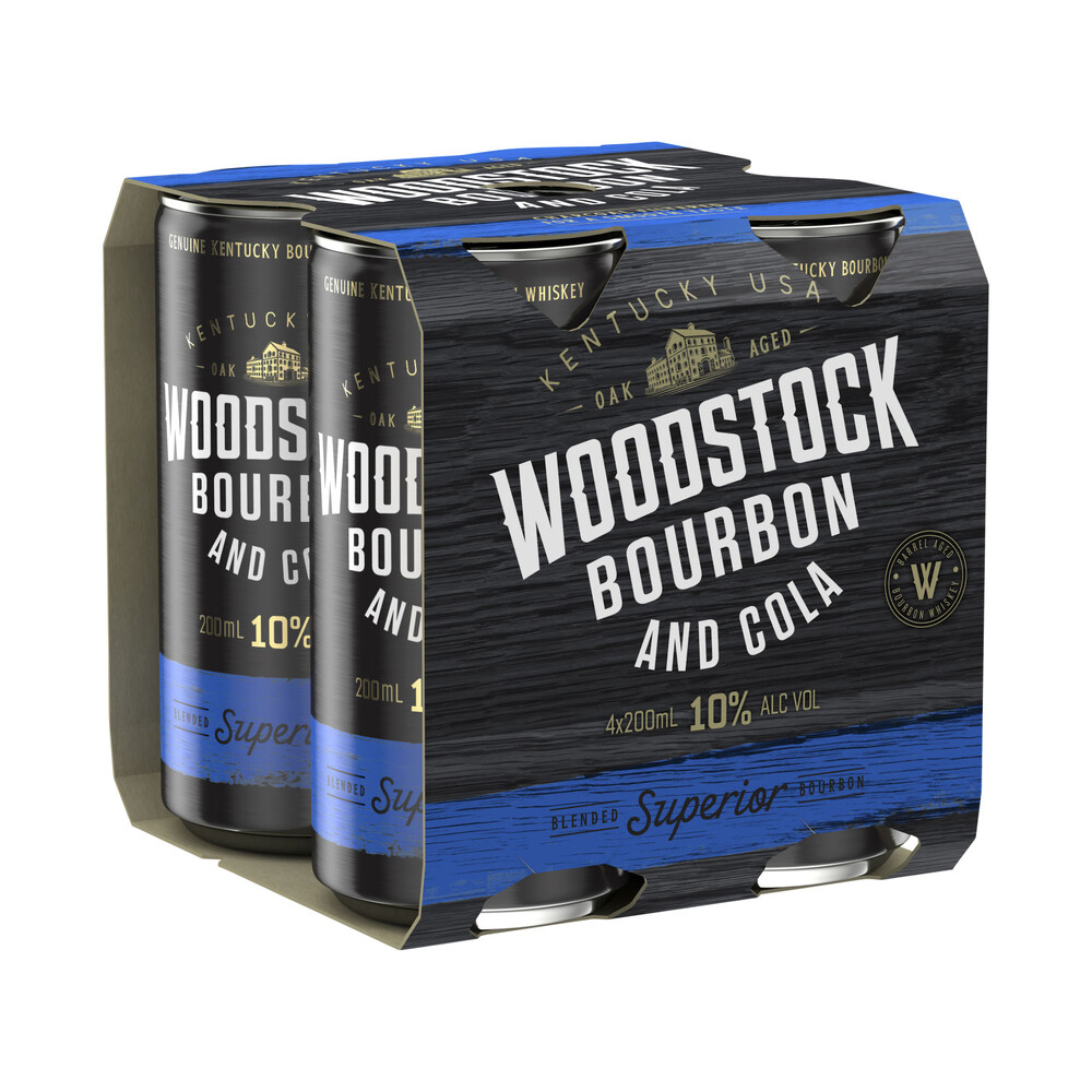 Buy Woodstock Bourbon & Cola 10% Can 200ml 4 Pack | Coles