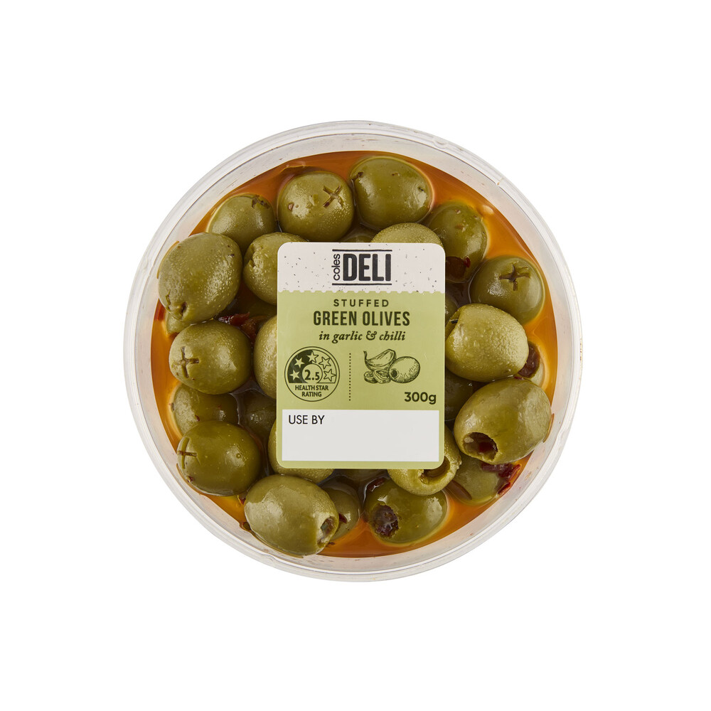 Buy Coles Deli Stuffed Green Olives In Garlic & Chilli 300g | Coles