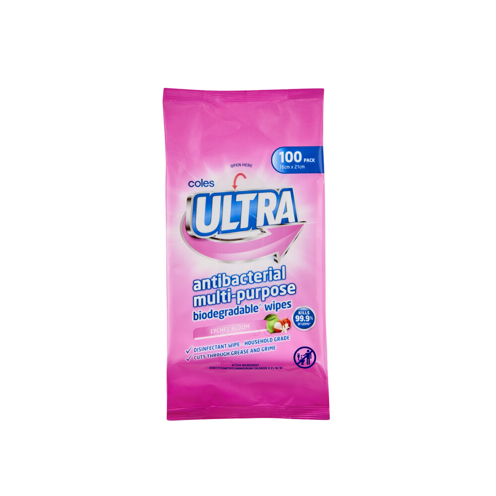 Buy Coles Ultra Antibacterial Multipurpose Wipes Lychee Bloom 100 Pack ...