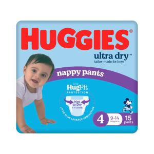 Buy Huggies Ultra Dry Nappy Pants Boys Size 4 (9-14kg) 15 pack | Coles