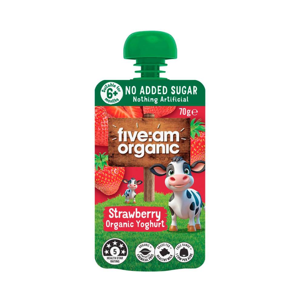 Buy Five Am No Added Sugar Organic Yoghurt Pouch Strawberry 70g | Coles
