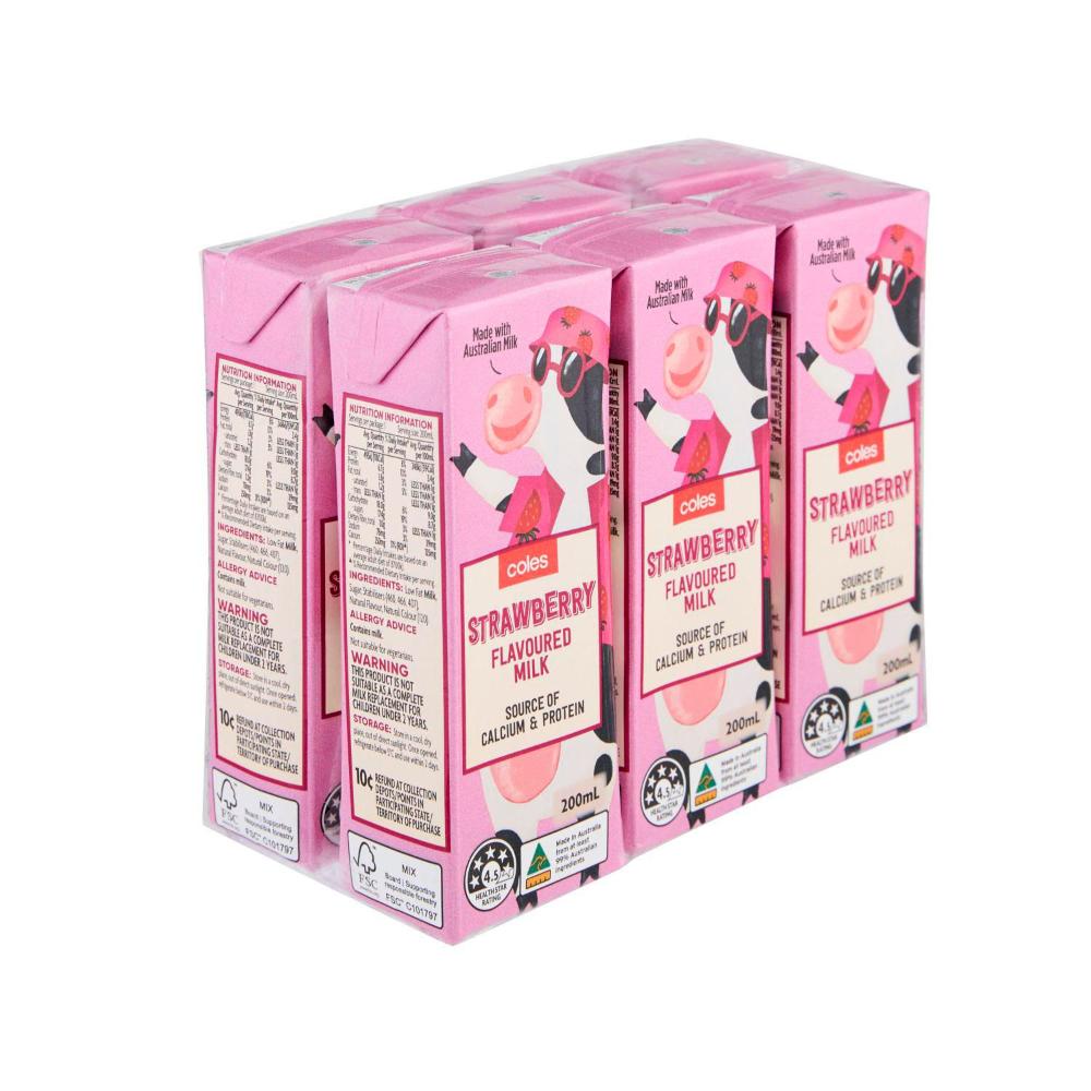 Buy Coles Strawberry Flavoured Milk 6x200ml 200mL | Coles