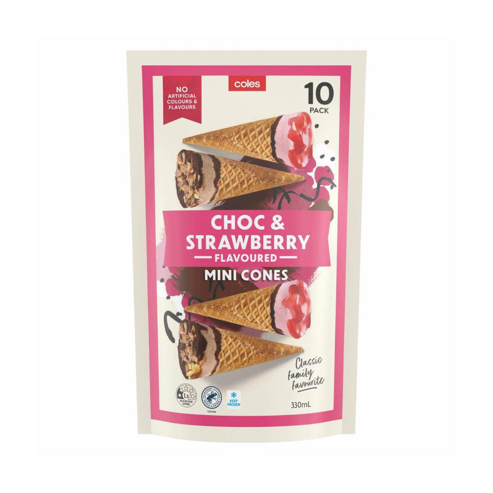 Buy Coles Mini Cones Chocolate & Strawberry 10 Pack 330 mL | Coles